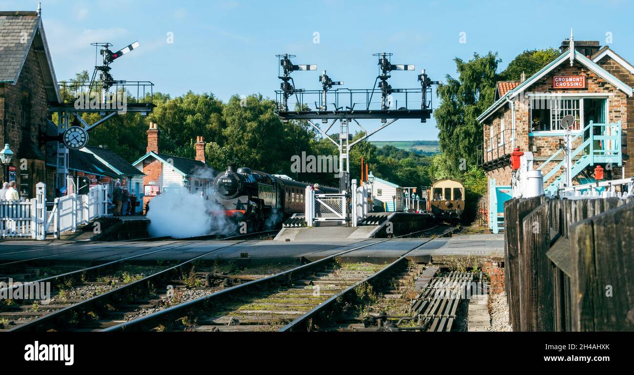 Grosmont station with a steam train about to leave, North York Moors ...