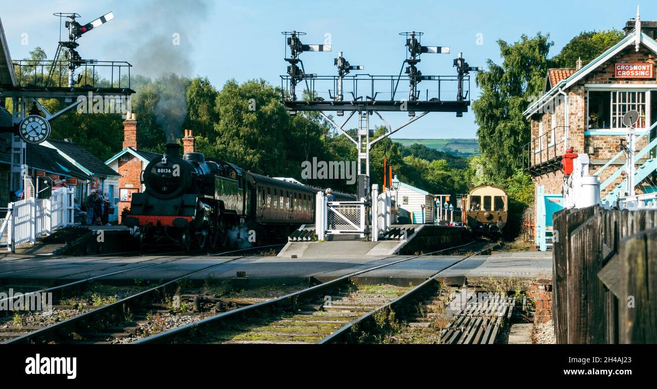 Grosmont station with a steam train about to leave, North York Moors ...