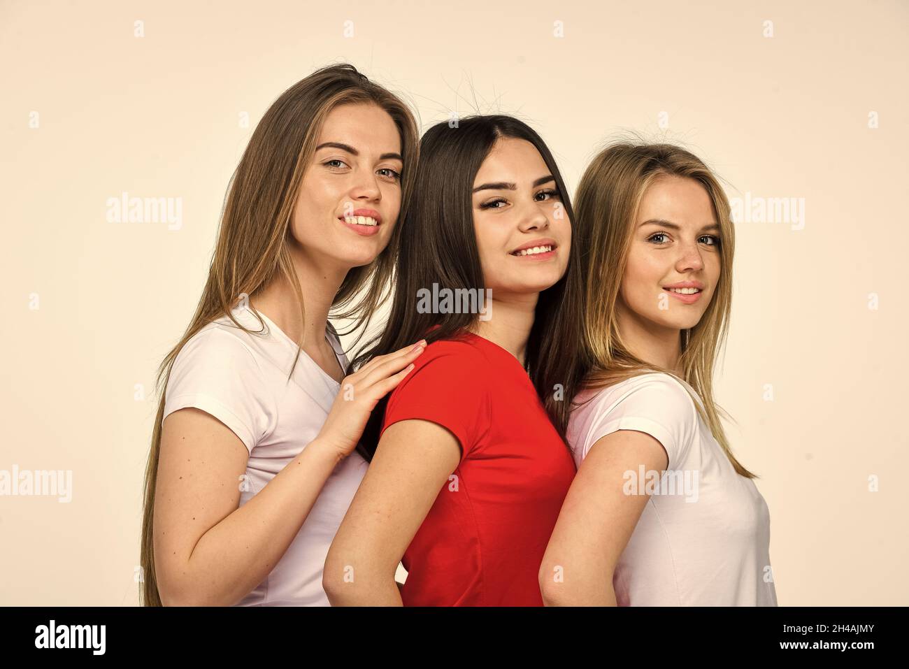 Group women friends on white background, she is special concept Stock ...