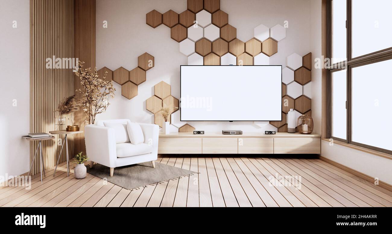 TV cabinet on modern room with wall hexagon minimal design. 3D ...