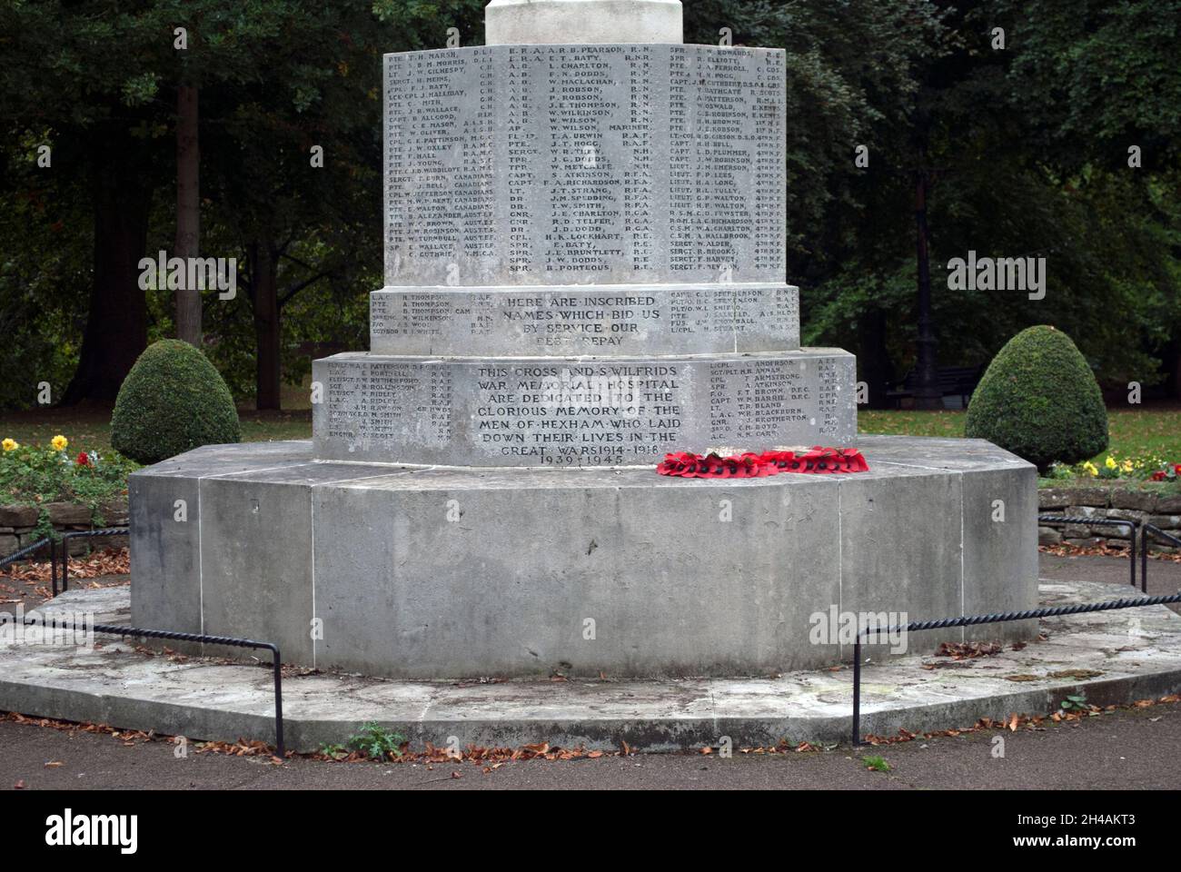 Poppy Wreaths and Inscription on War Memorial in Hexham Park, Hexham ...