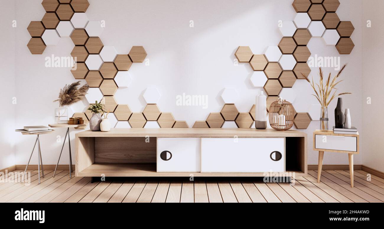 TV cabinet on modern room with wall hexagon minimal design. 3D ...