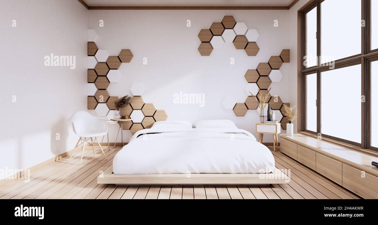 Bedroom, hexagon tiles wall design minimalist.3D rendering Stock Photo ...
