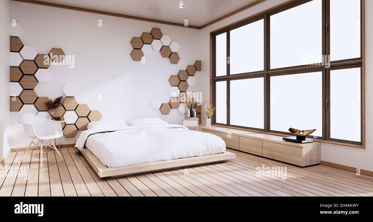 Bedroom, hexagon tiles wall design minimalist.3D rendering Stock Photo ...