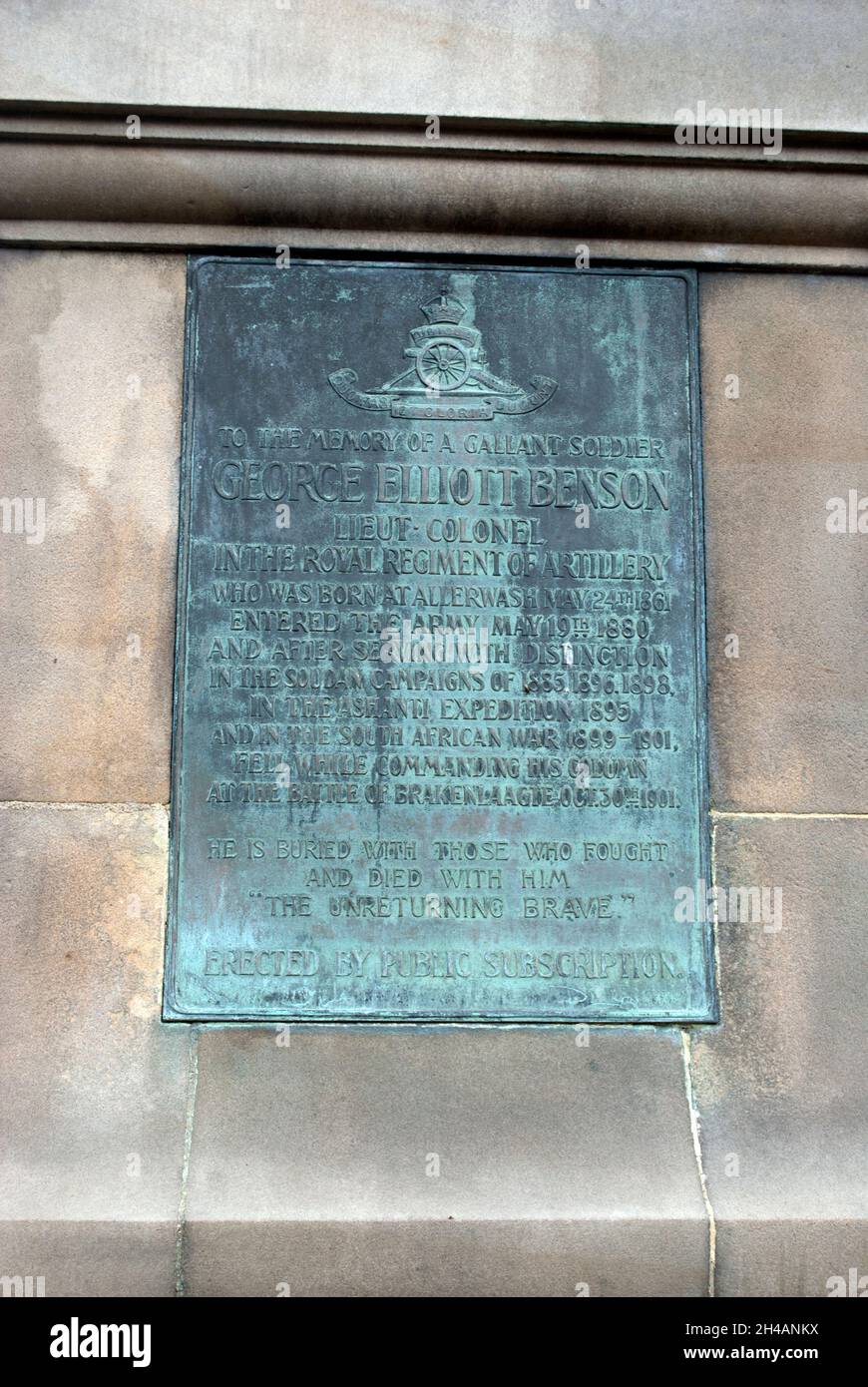 Bronze sign on Statue commemorating Lieutenant-Colonel George Elliott ...