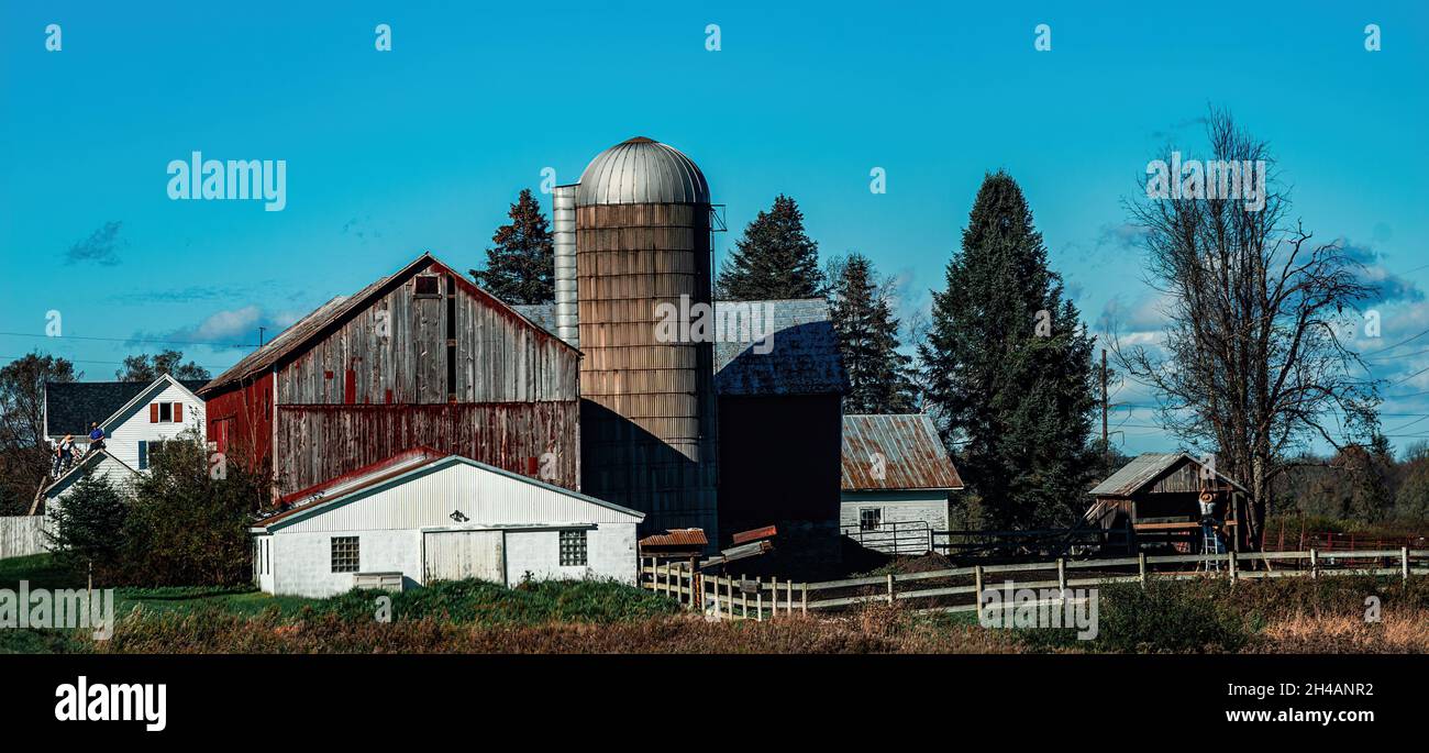 Farm with barns and trees during the daytime Stock Photo - Alamy