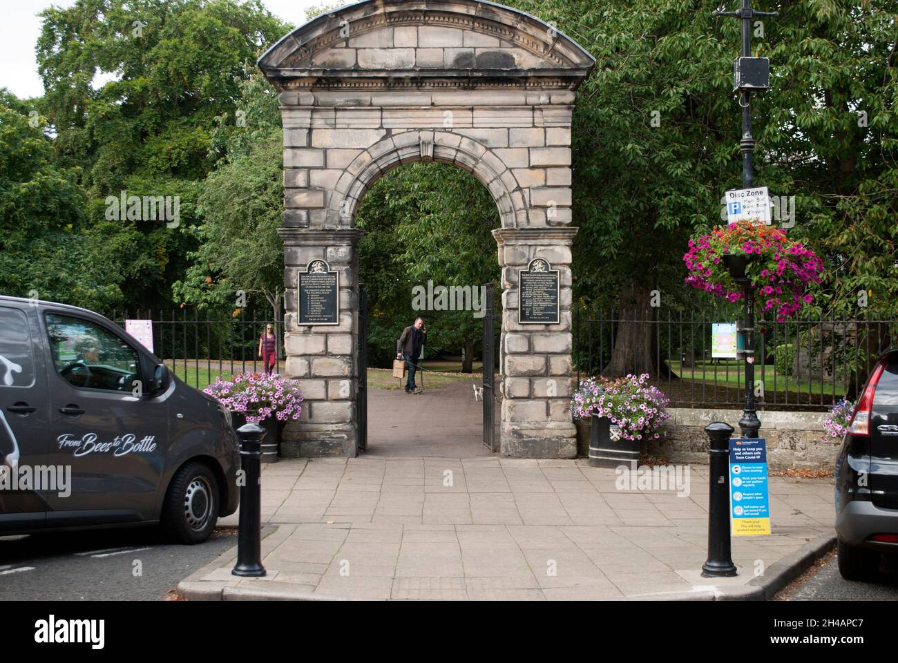 Stone commemorative arch entrance to Hexham Park dedicated to 4th ...
