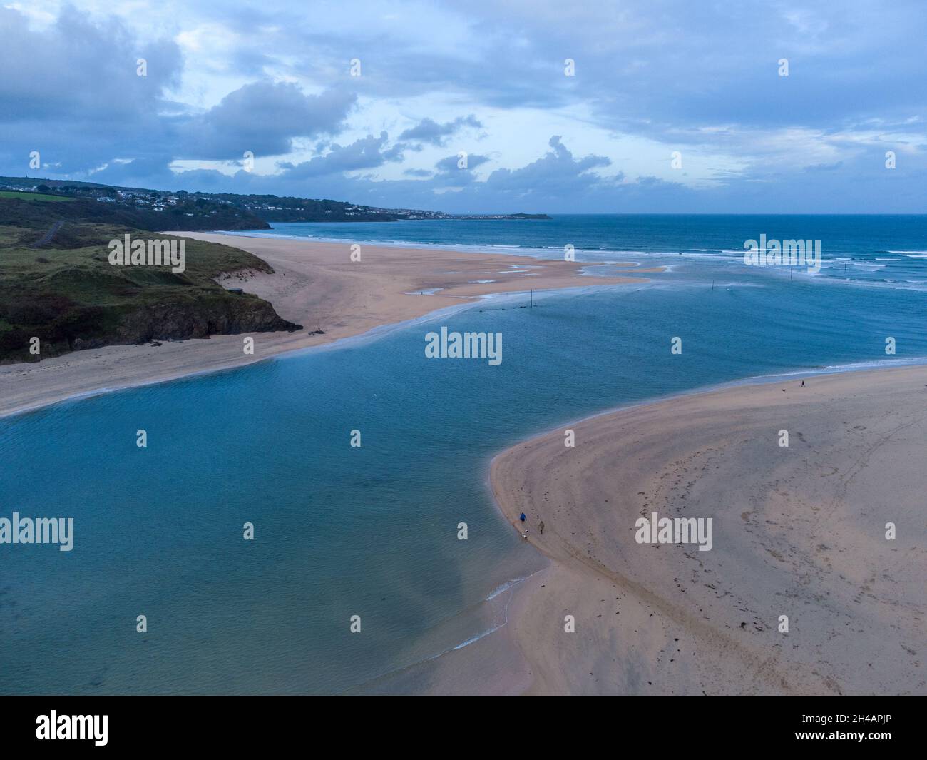 Aerial views of Hayle beach late October 2021 in Cornwall, England ...