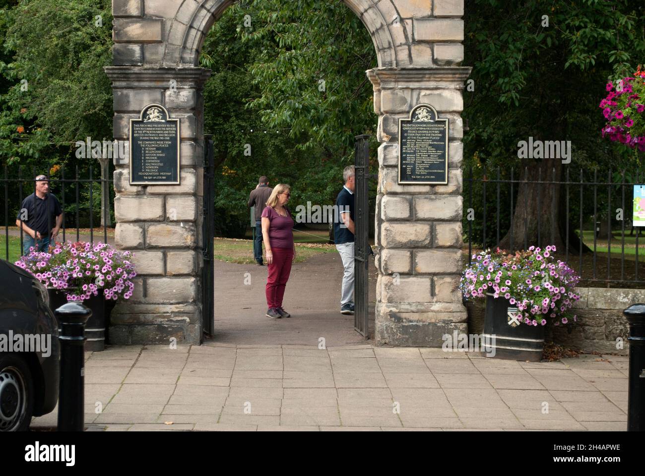 Stone commemorative arch entrance to Hexham Park dedicated to 4th ...