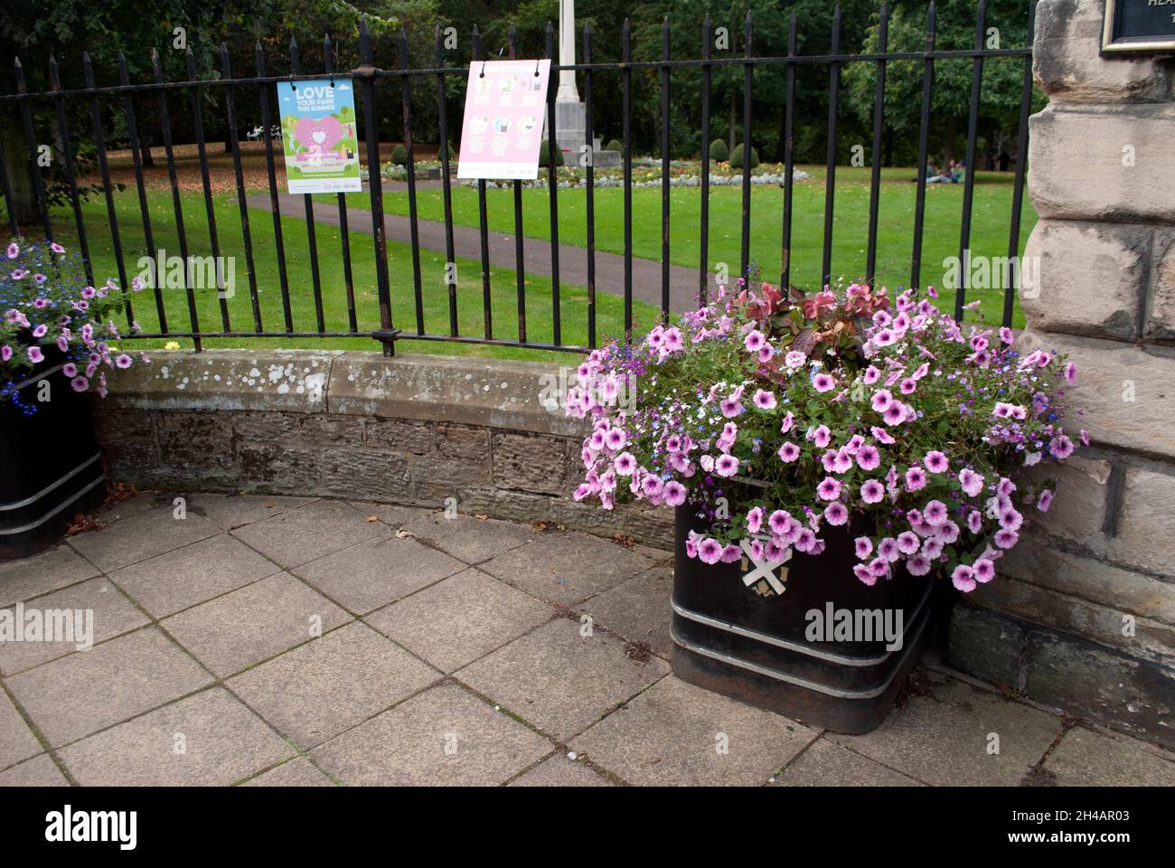 Plant holders and railings next to entrance to Hexham Park , Hexham ...