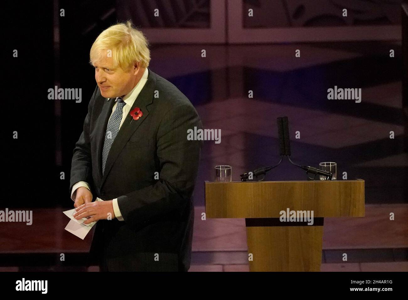Prime Minister Boris Johnson walks from the lectern after addressing an ...