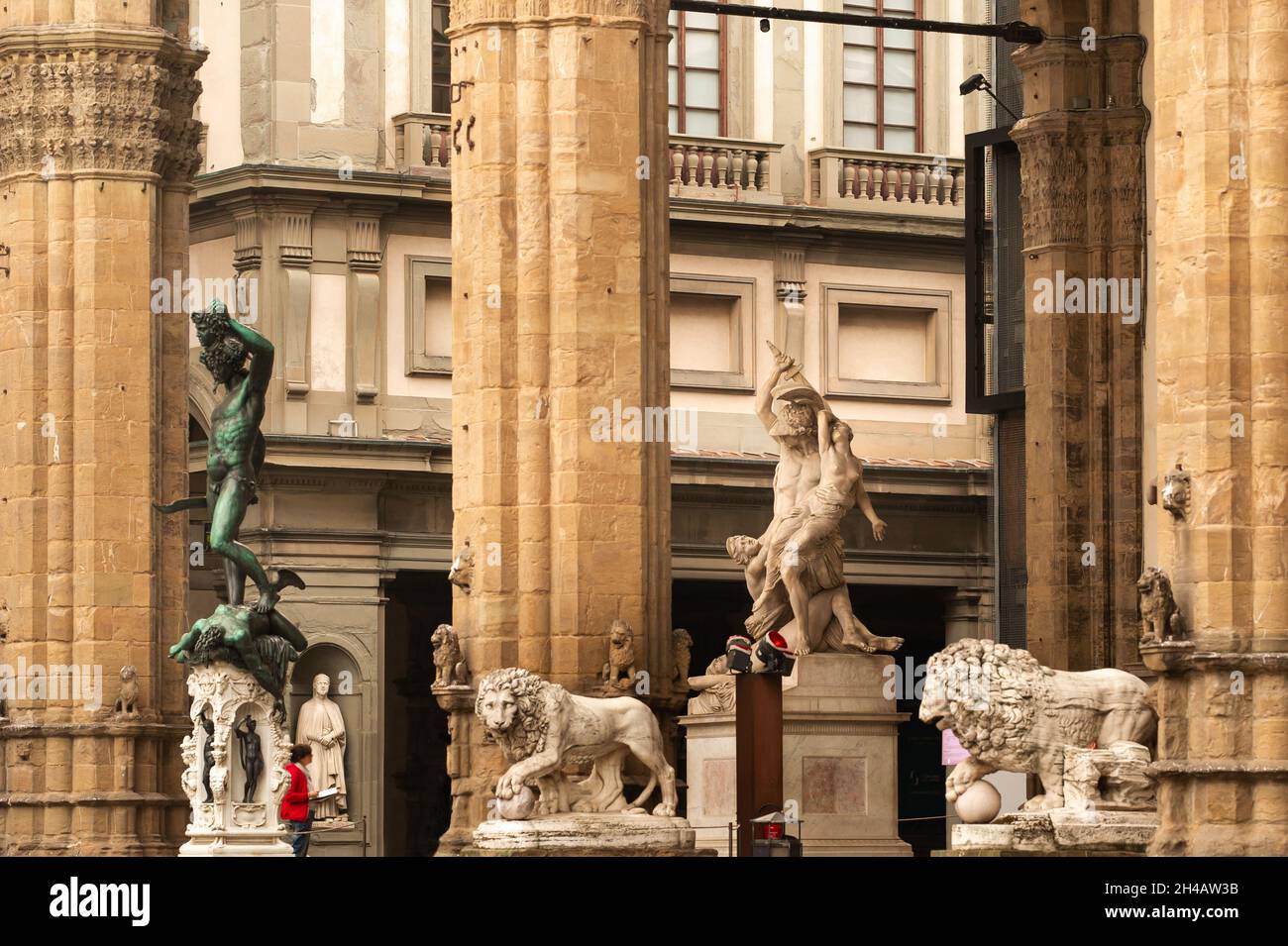 Sculpture of Loggia dei Lanzi and Florence Palazzo Vecchio on Piazza ...