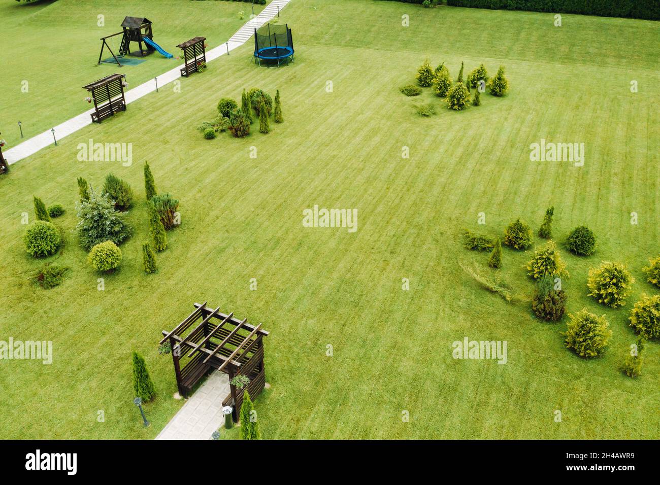 top view of a green lawn with Seating areas and a garden.Landscape area ...