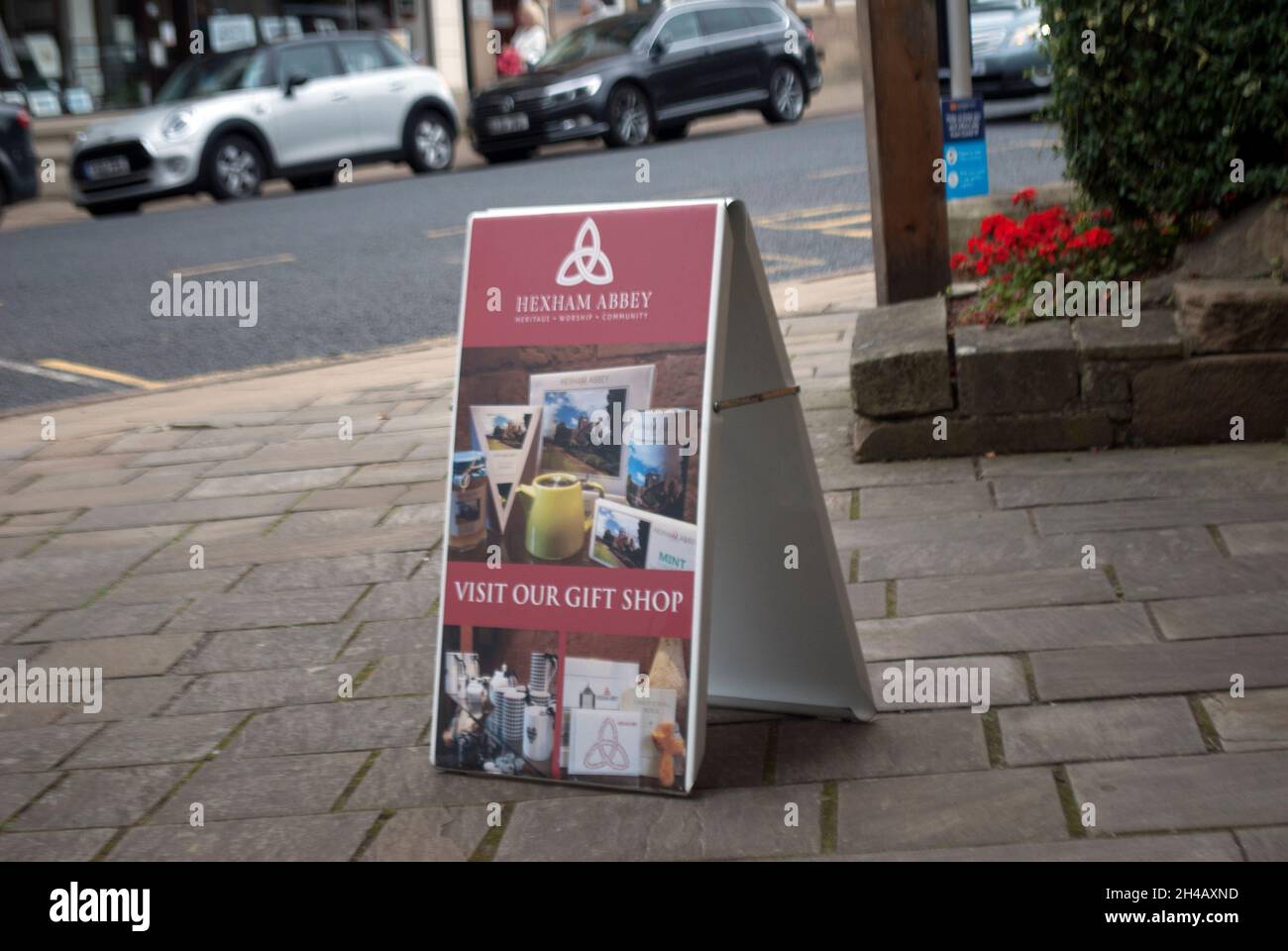 'Visit Our Gift Shop' sign outside the Gift Shop, Hexham Abbey, Hexham ...