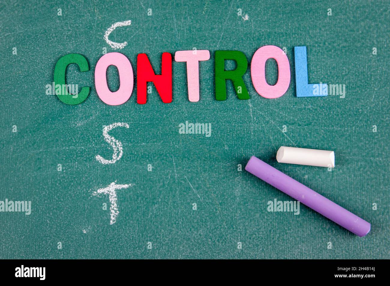 Cost Control concept. Colored wooden letters on a green chalk board ...