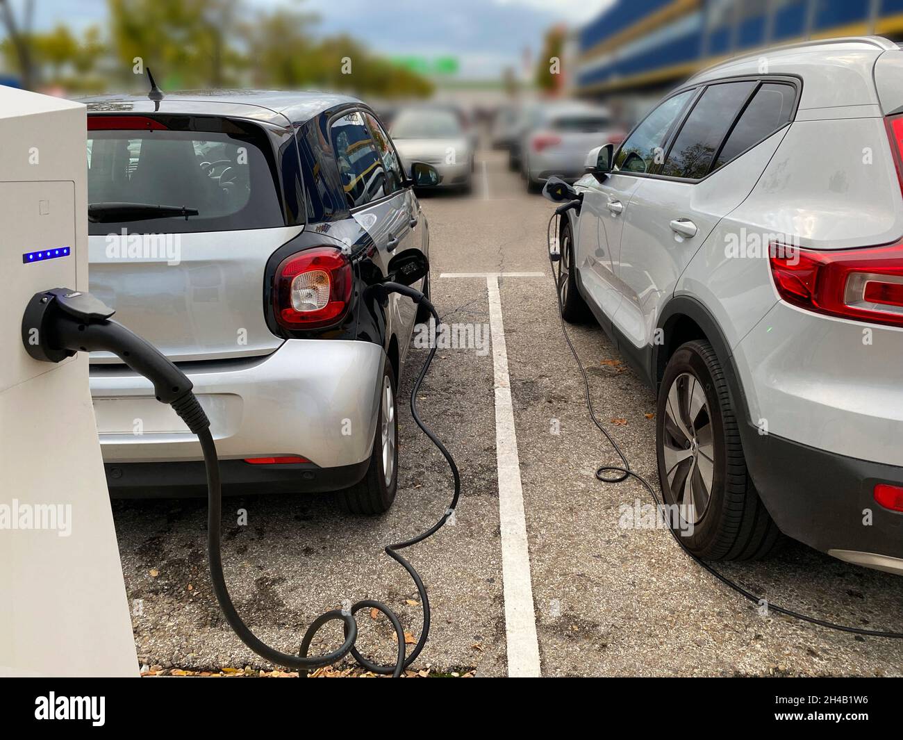 Electric vehicles plugged into a charging column. Technology electric ...