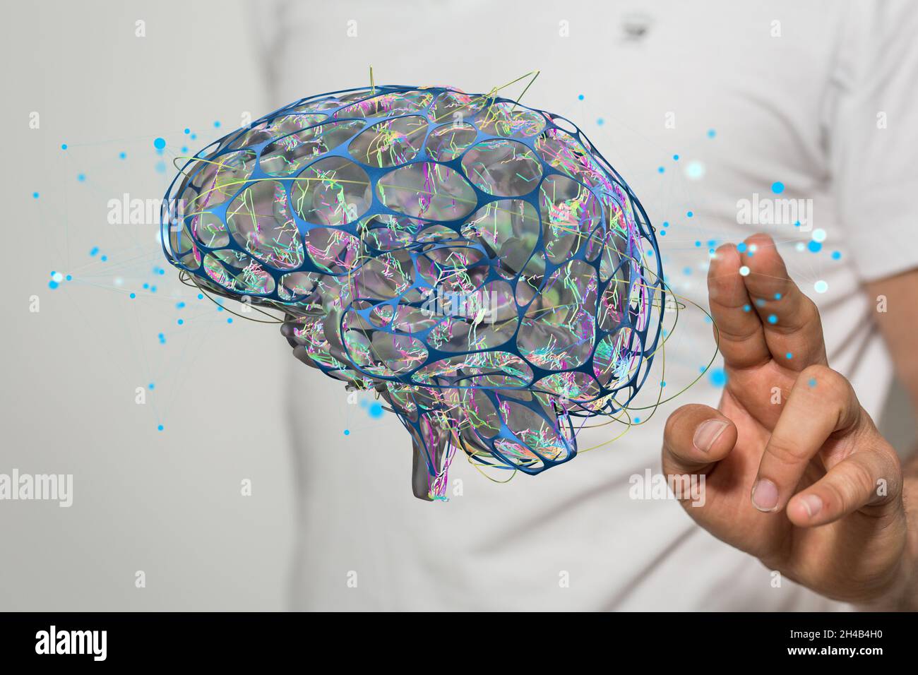 3D rendering of a man pointing at a human brain anatomical model Stock ...