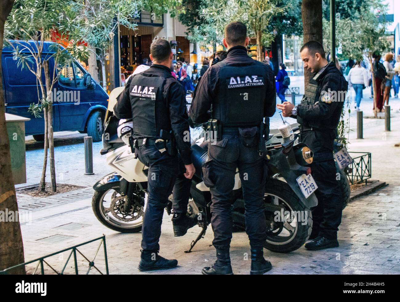 Athens, Greece - November 01, 2021 Greek police on patrol in the city ...