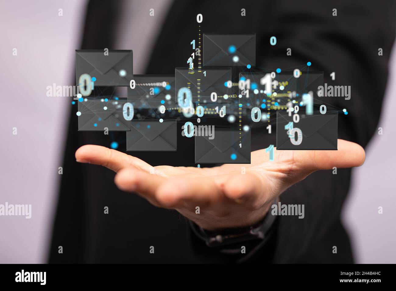 3D rendering of a group of floating people icons on a businessman's ...