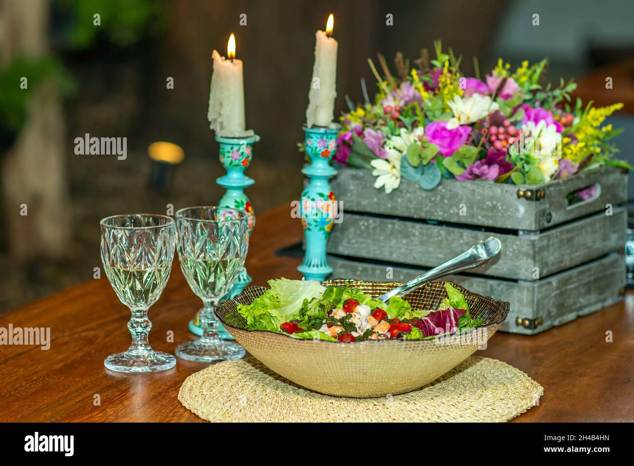 Beautiful dining table with candles Stock Photo - Alamy