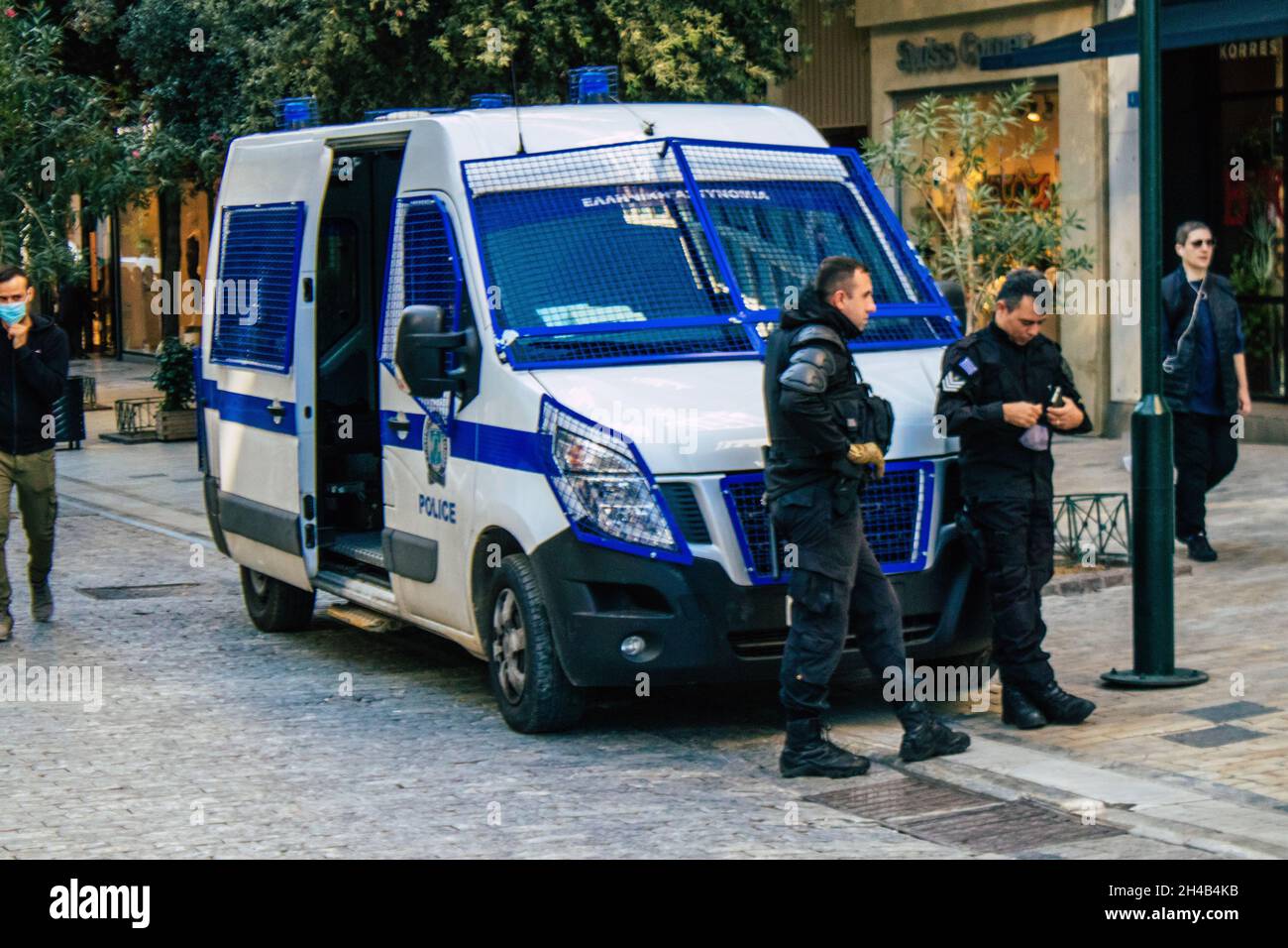 Athens, Greece - November 01, 2021 Greek police on patrol in the city ...