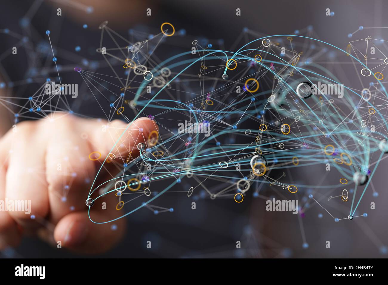 3D rendering of a man pointing at connecting lines and binary digits ...