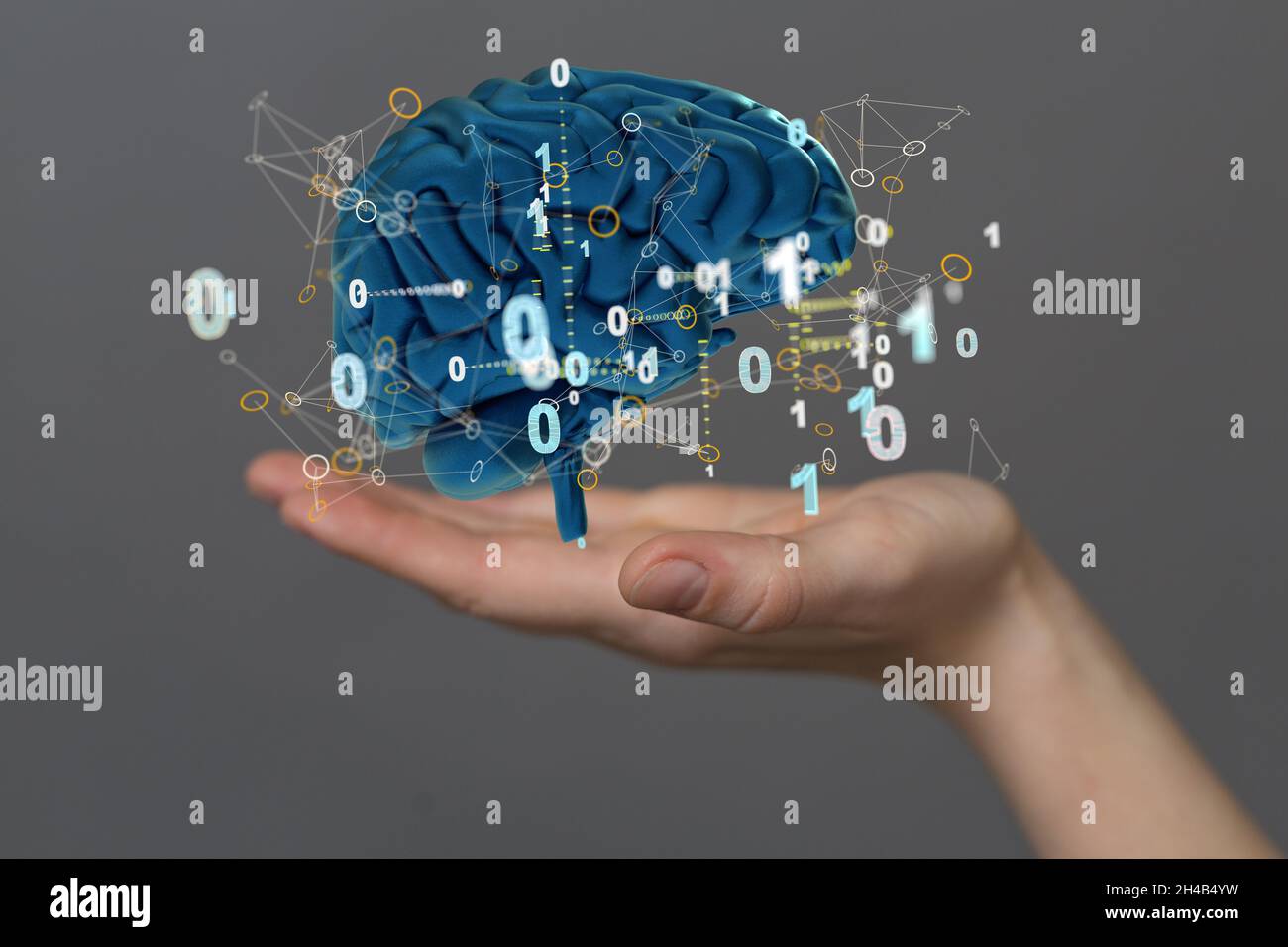 3D rendering of a floating blue human brain on a man's hand ...