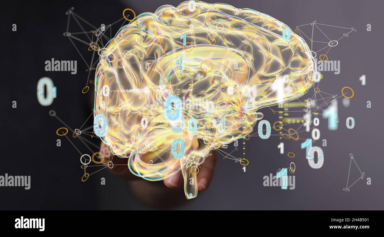 3D rendering of a man pointing at a human brain - Artificial ...
