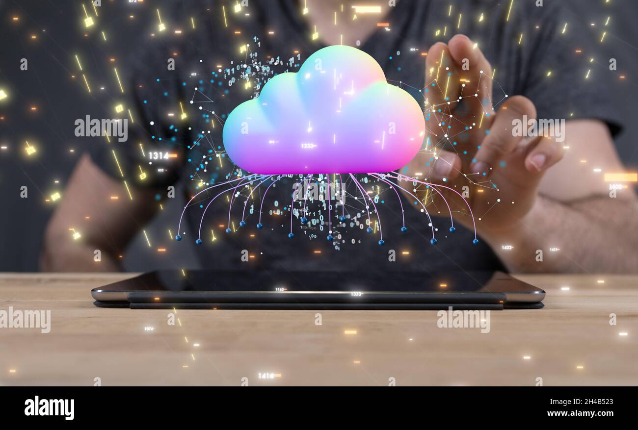 3D rendering of a data cloud storage network from lines, triangles and particle style design ...