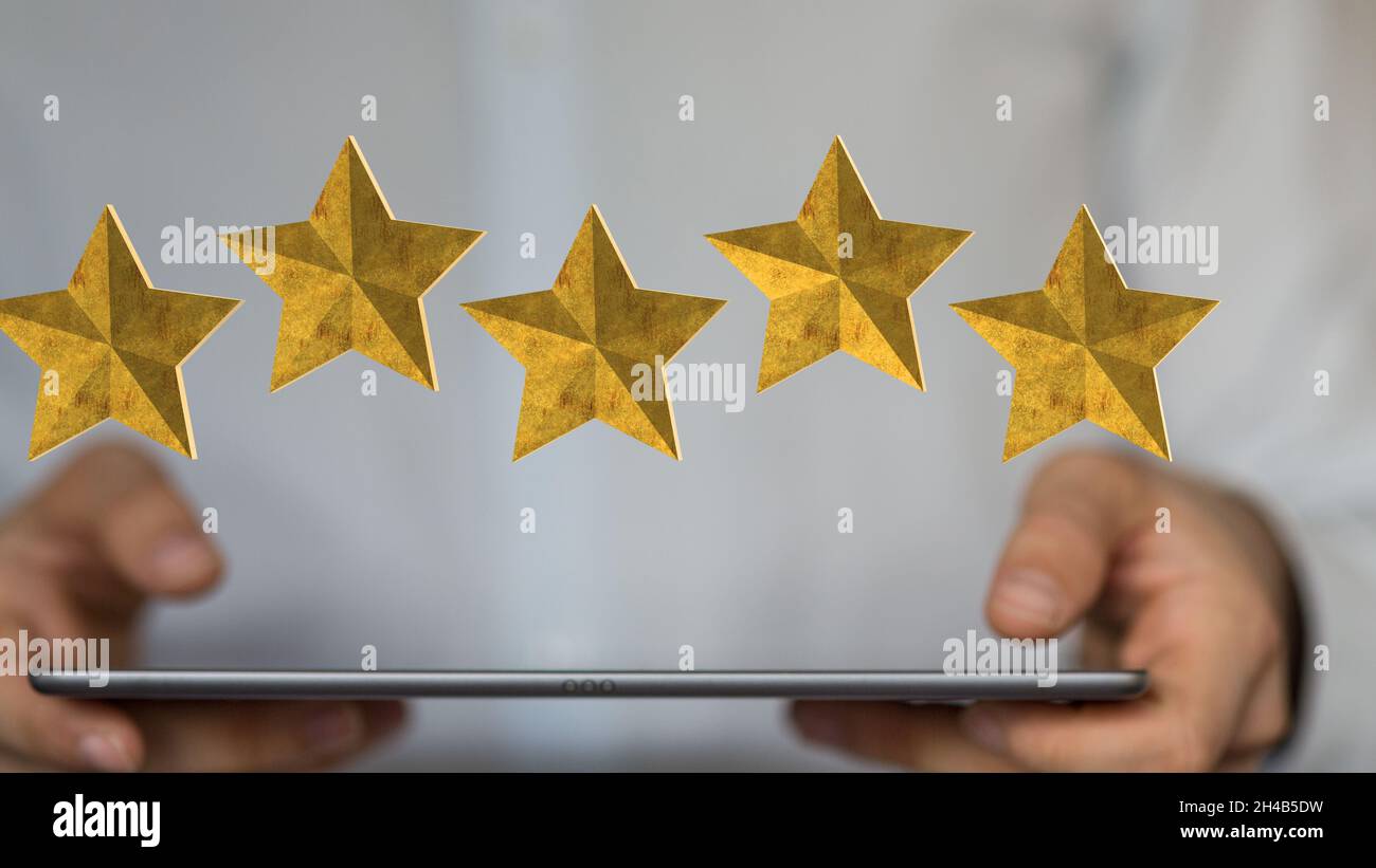 3d rendering of a review icon and rating stars showing feedback Stock ...