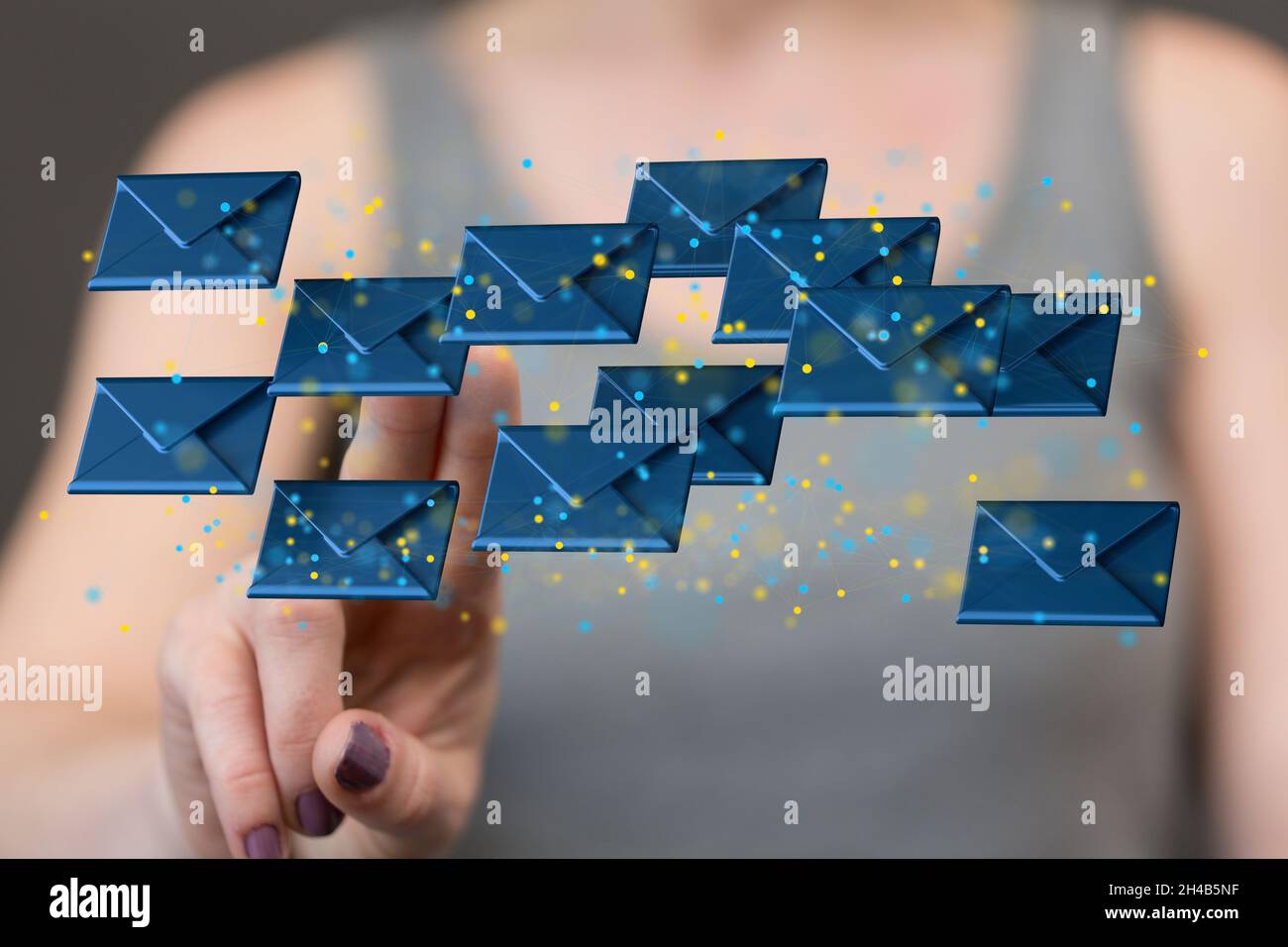 3D render of an email symbol and Network Communications with a blurry ...