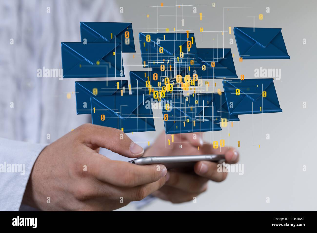 Virtual postal envelopes sketch on blurry office buildings background ...