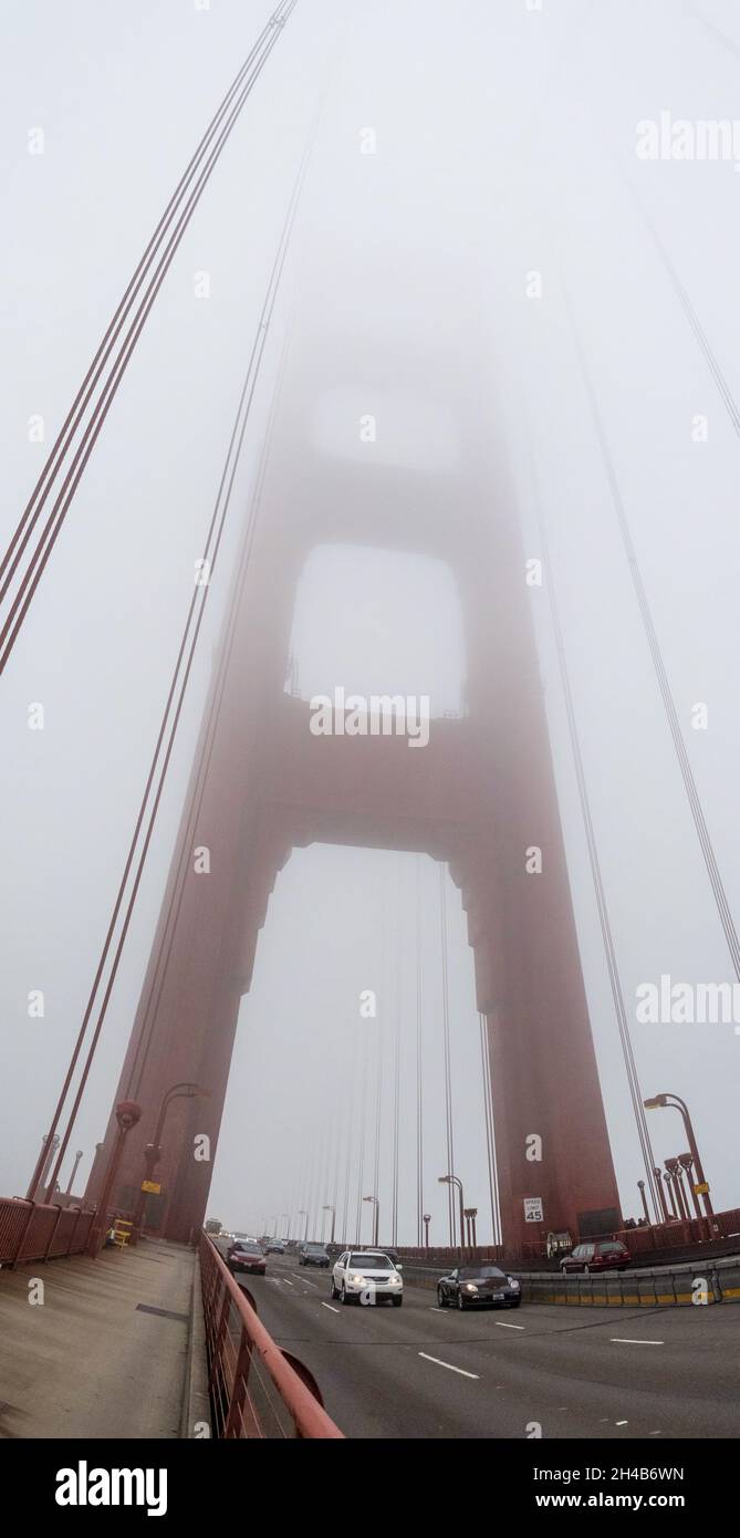 Beneath a giant pillar of the Golden Gate Bridge, San Francisco, USA ...
