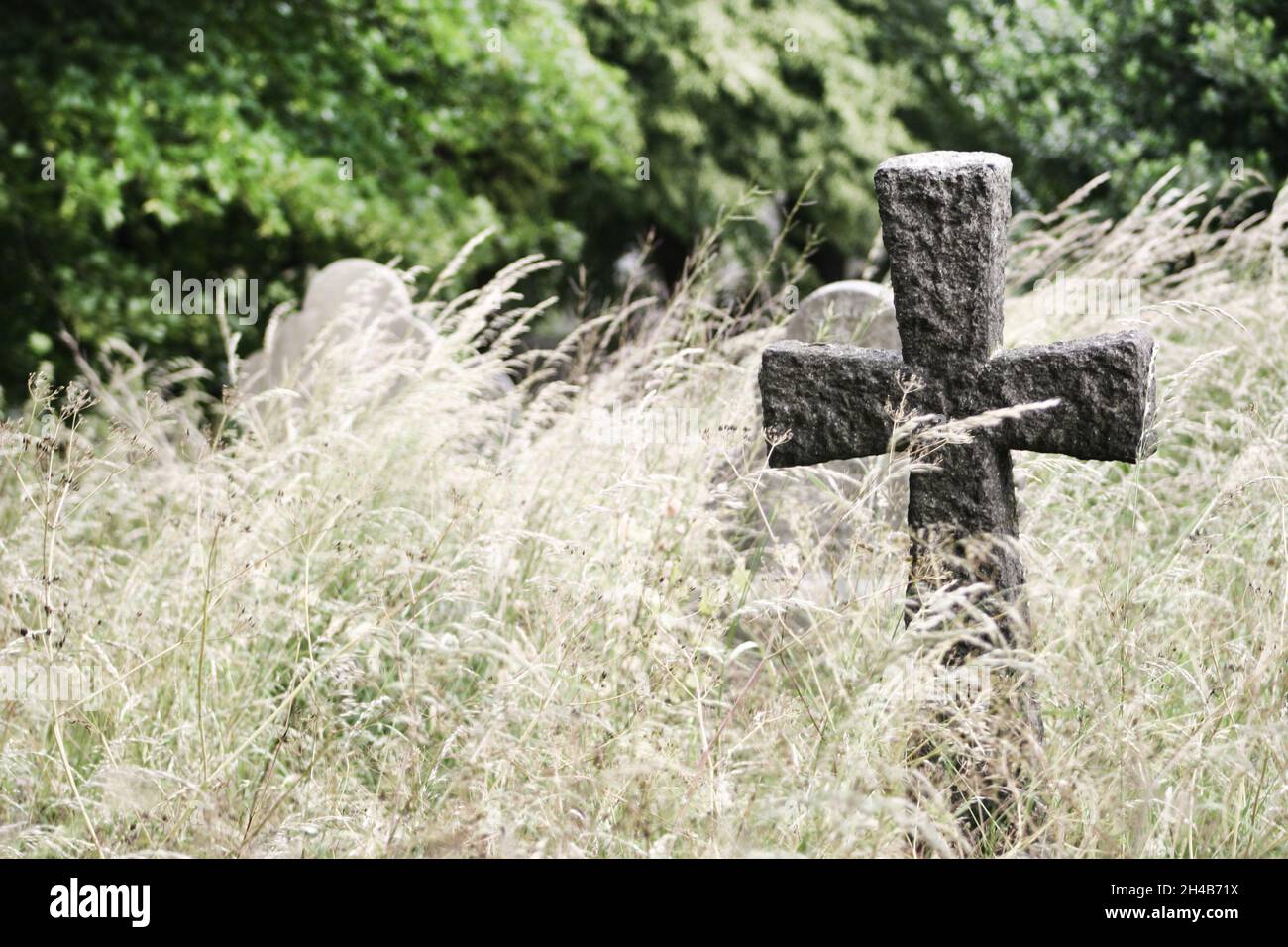 Old stone cemetery cross in tall grass with differential focus Stock ...