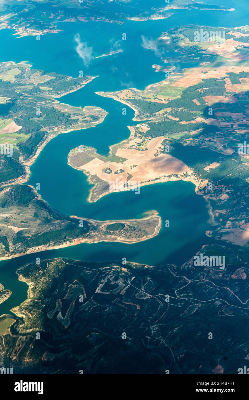 reservoir and crops in mainland Spain seen from above Stock Photo - Alamy