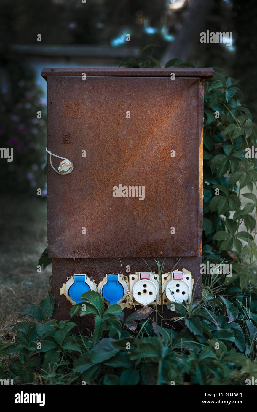 Old rusty electrical box 4 sockets in plants and greenery Stock Photo ...