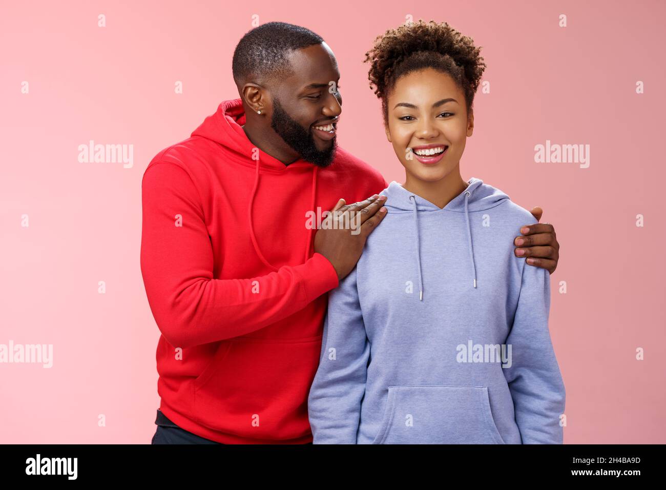 Supportive boyfriend congratulating girlfriend win first prize feel ...