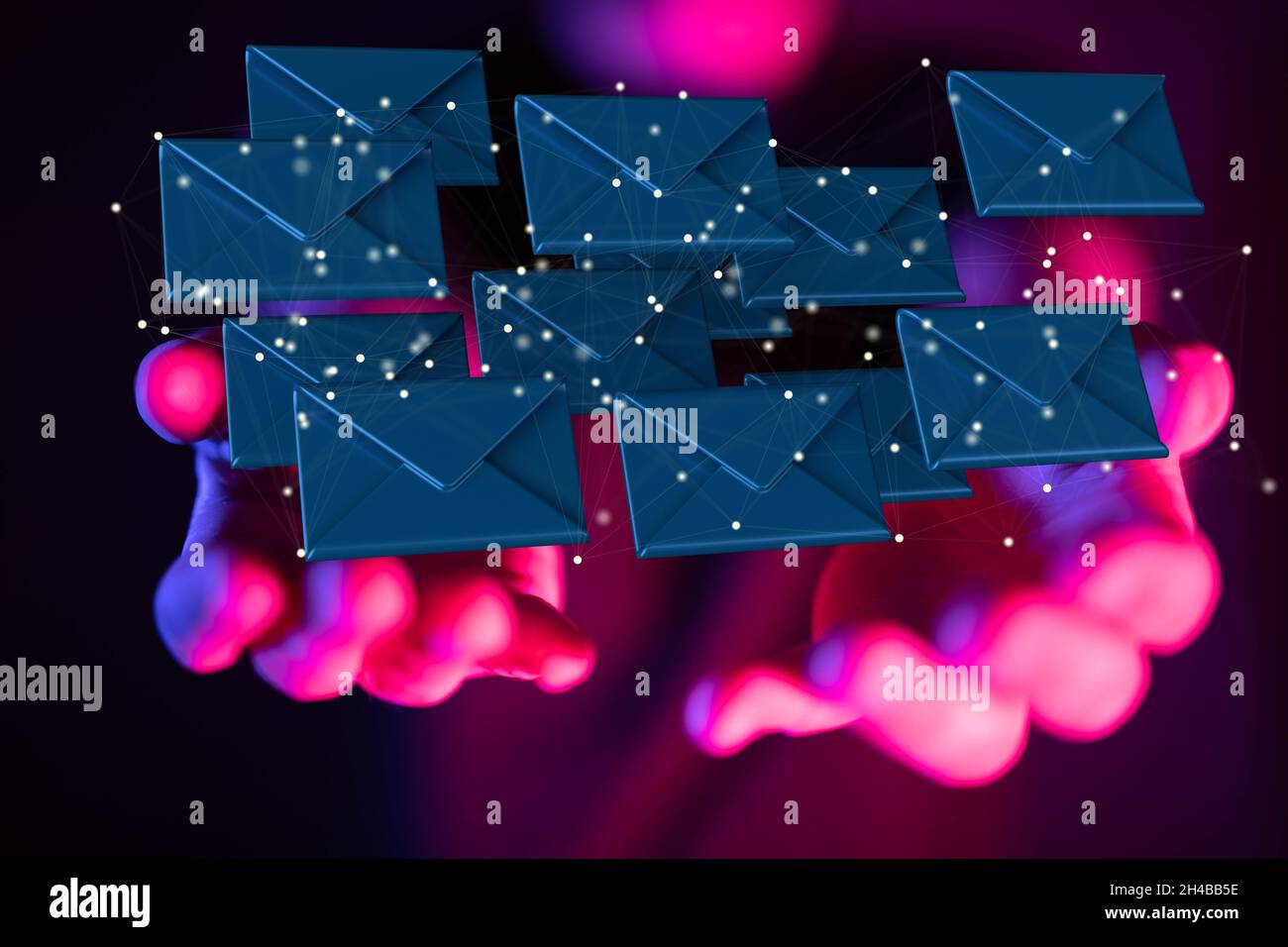 Touching 3D rendering flying email icon with his fin Stock Photo - Alamy