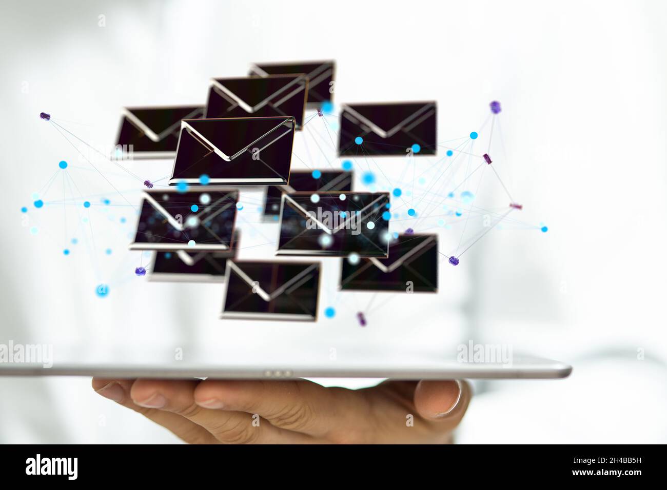 3D render of an email symbol and Network Communications with a blurry ...