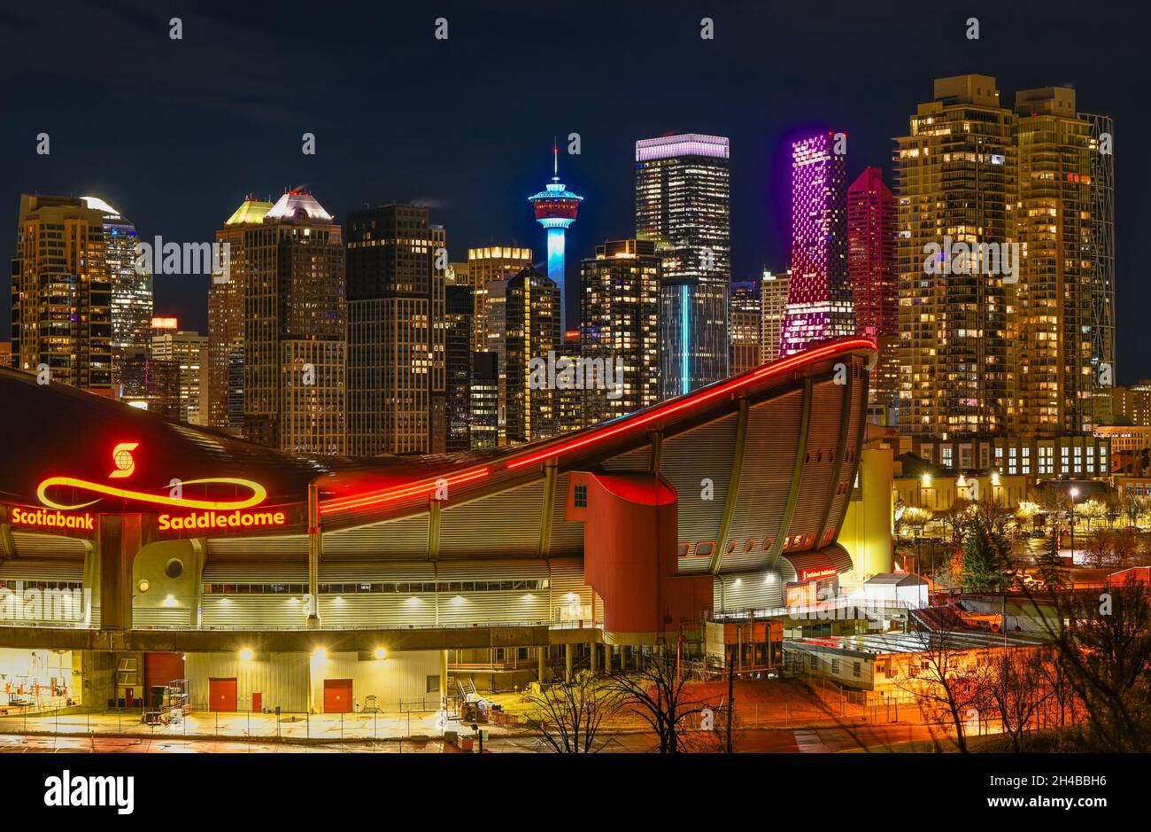 City skyline with Calgary Tower and Saddledome arena, Calgary, Alberta ...