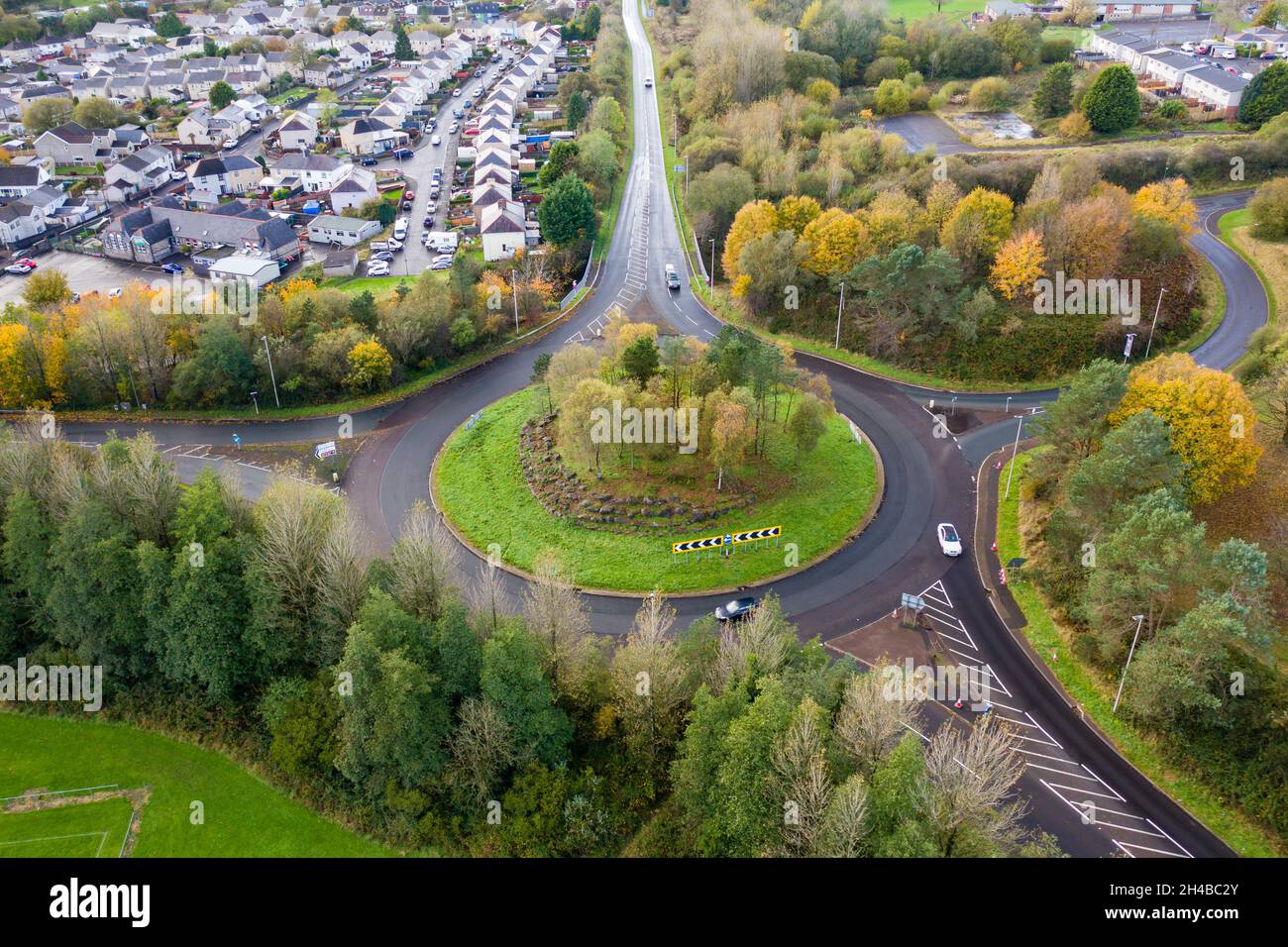Aerial view of a traffic roundabout during the autumn Stock Photo - Alamy