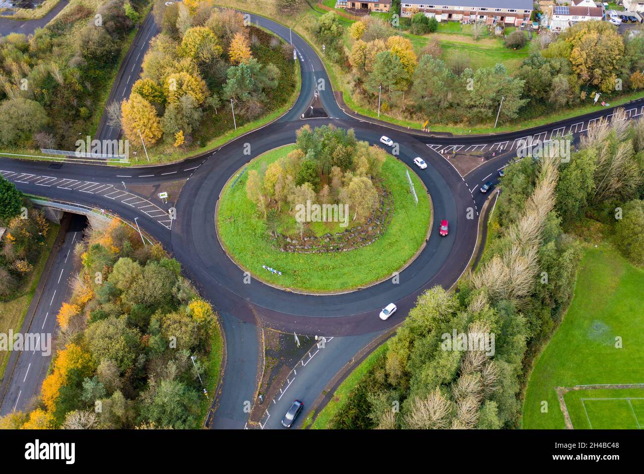 Aerial view of a small roundabout in the Welsh town of Ebbw Vale during ...