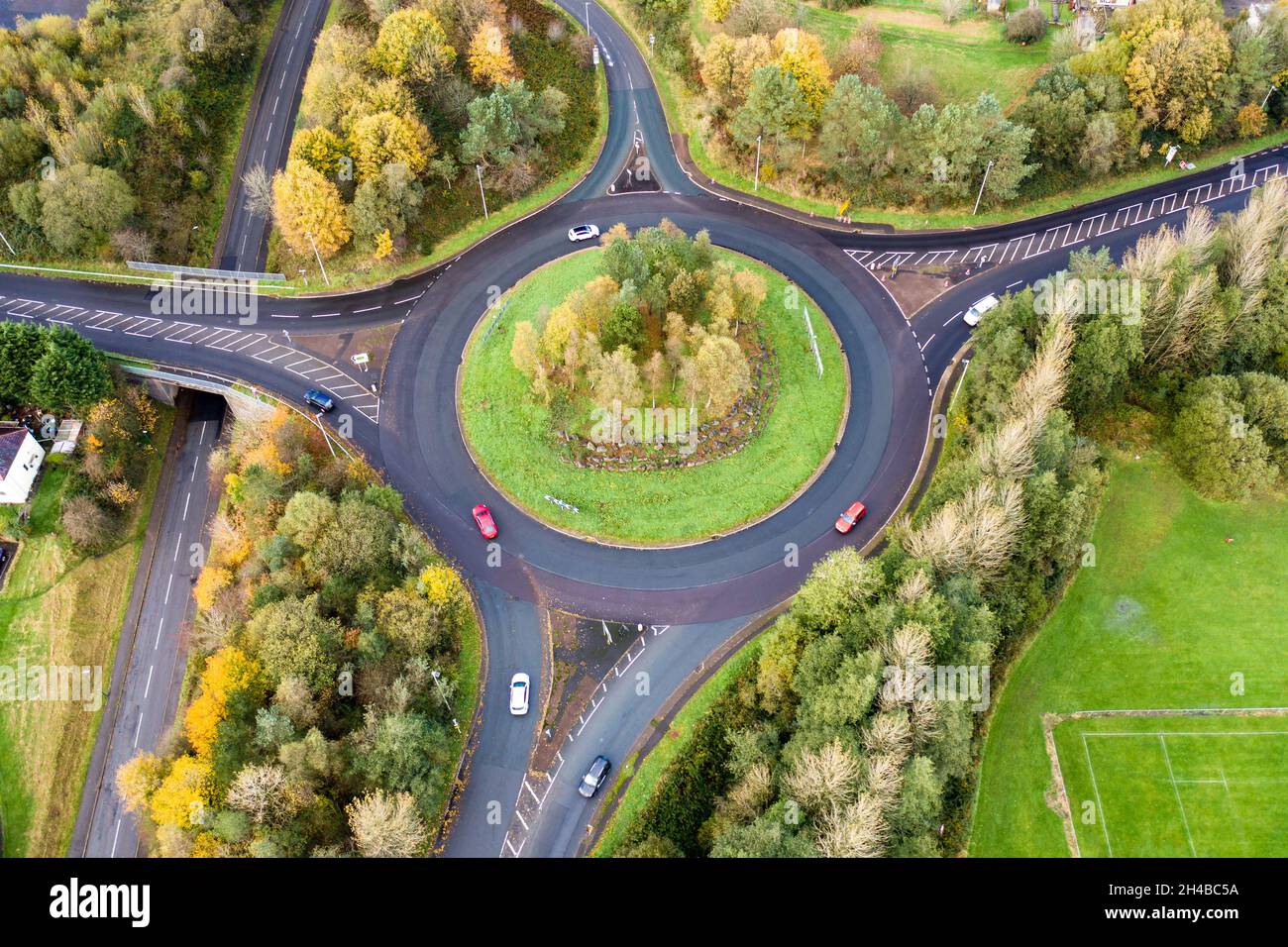Aerial view of a small roundabout in the Welsh town of Ebbw Vale during ...