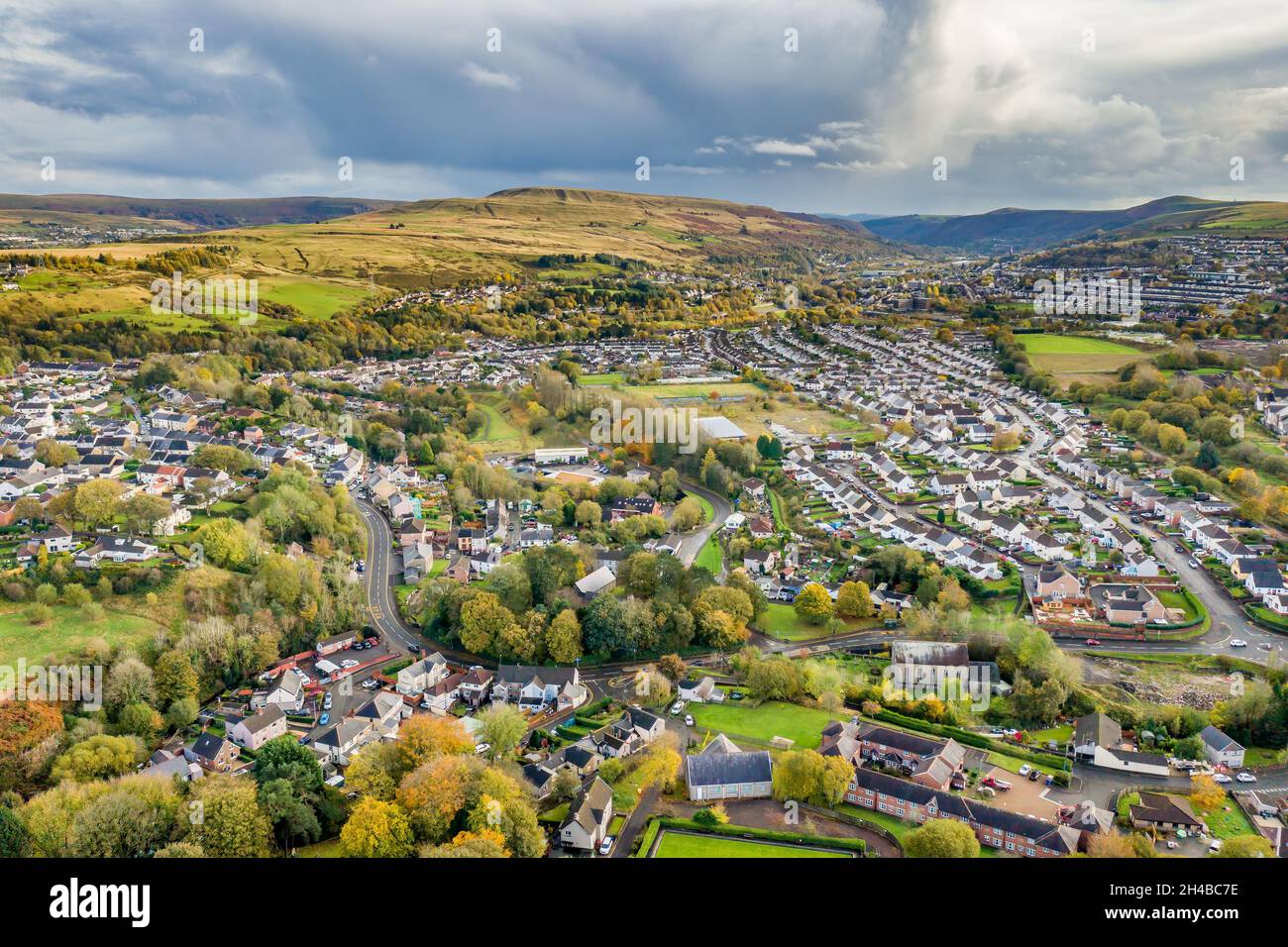 Aerial view of the Welsh Valleys town of Ebbw Vale after a heavy ...