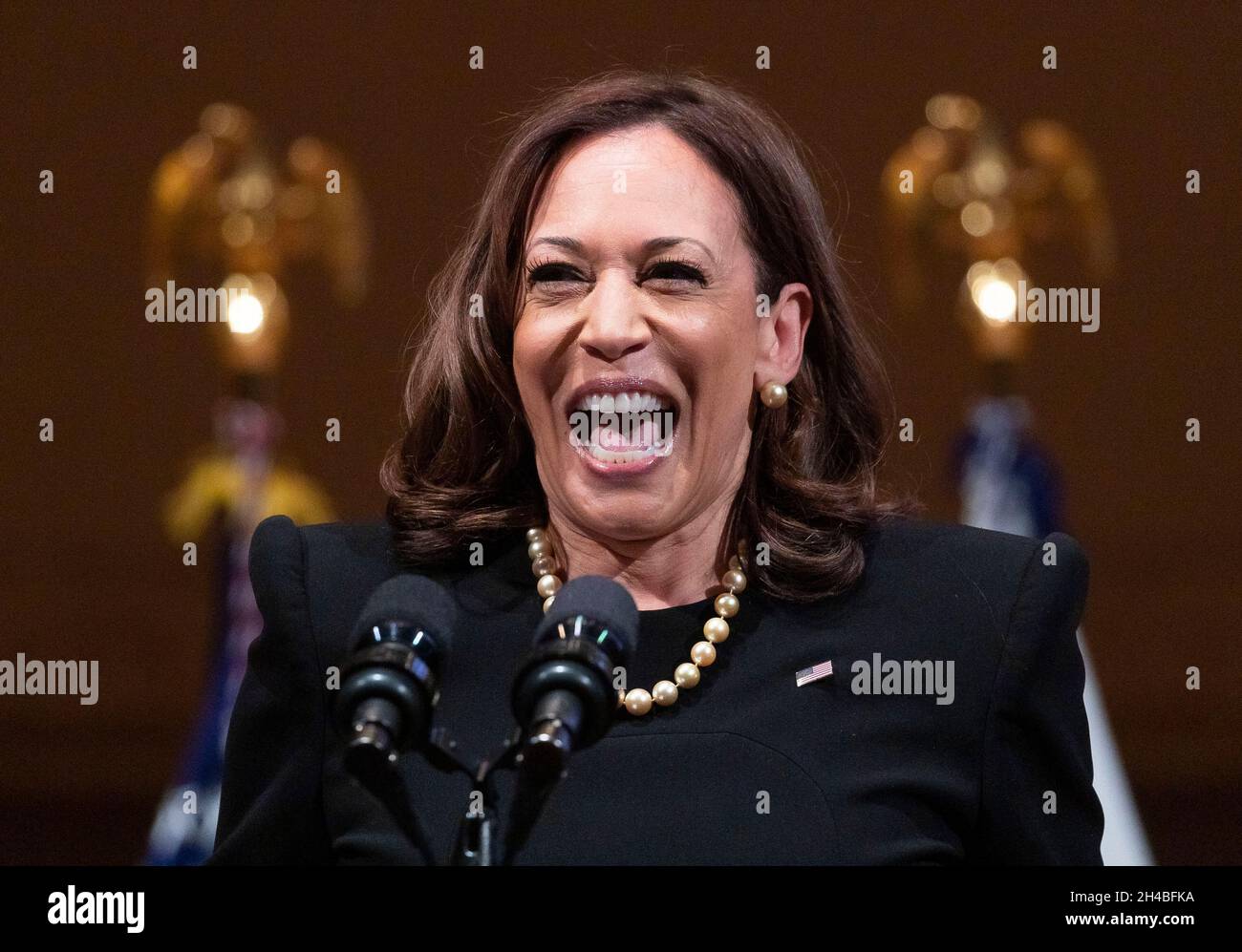 U S Vice President Kamala Harris Smiles As She Addresses An Event