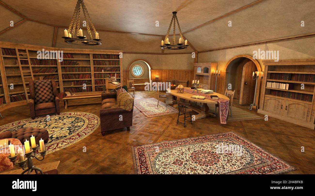 3D illustration old library vintage interior Stock Photo - Alamy