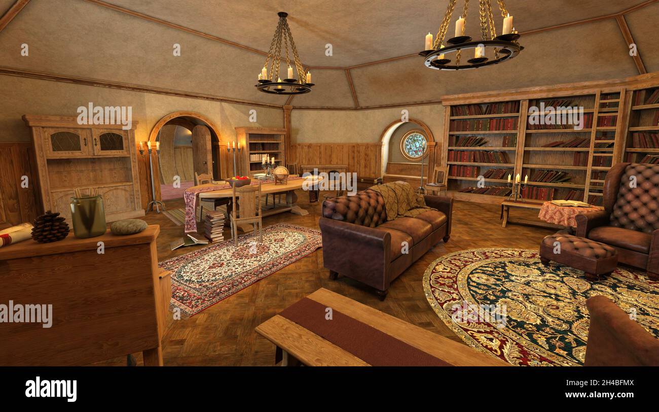 3D illustration old library vintage interior Stock Photo - Alamy