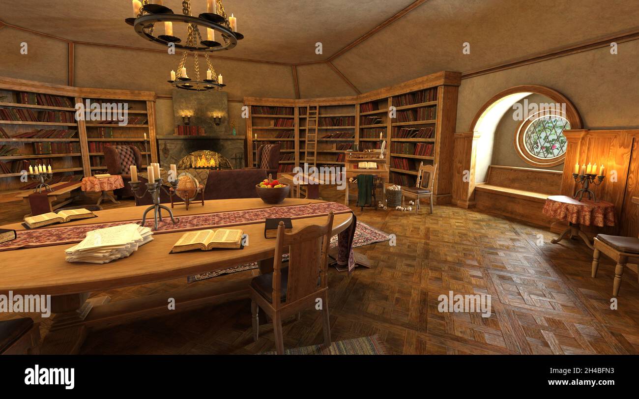 3D illustration old library vintage interior Stock Photo - Alamy