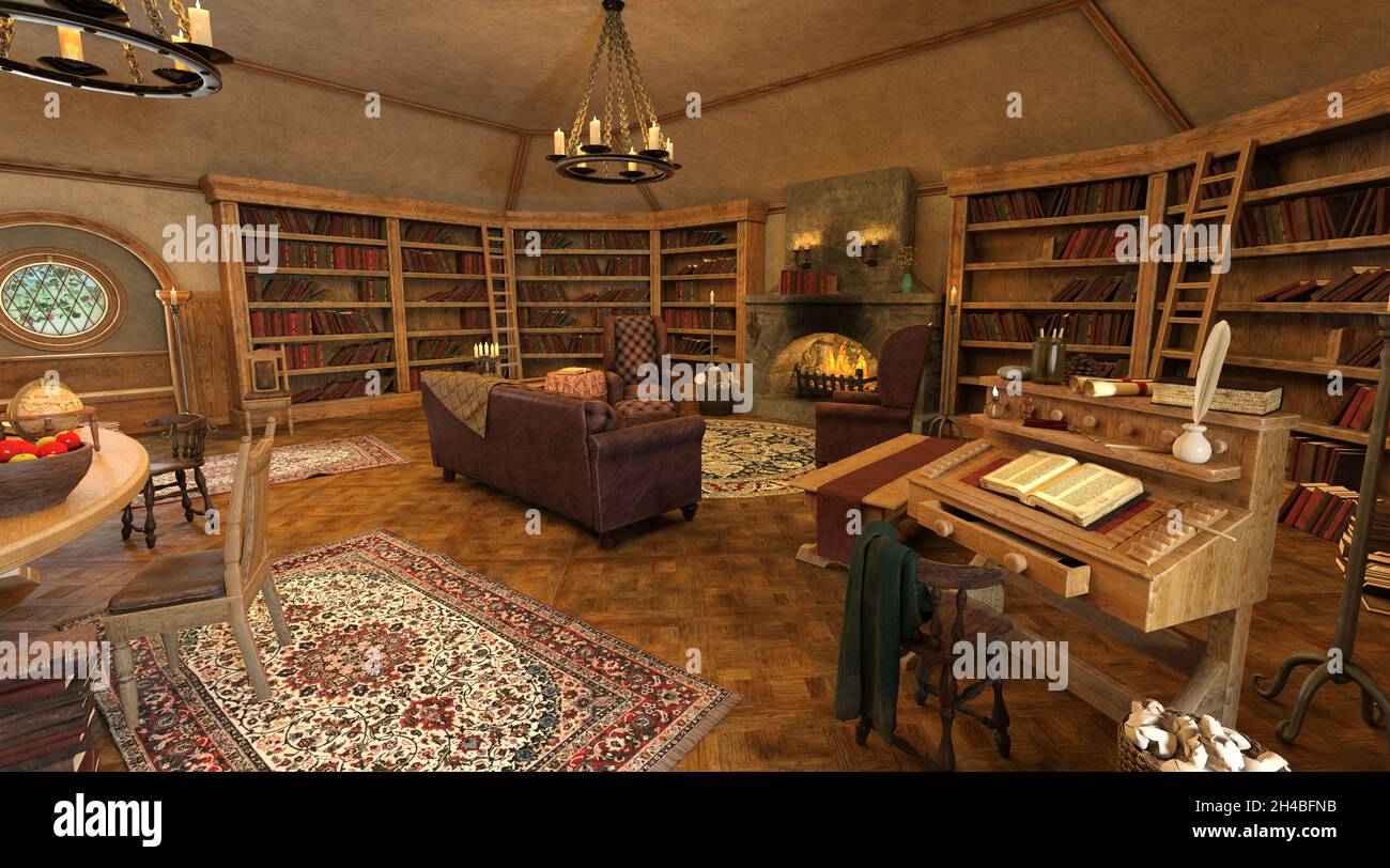 3D illustration old library vintage interior Stock Photo - Alamy