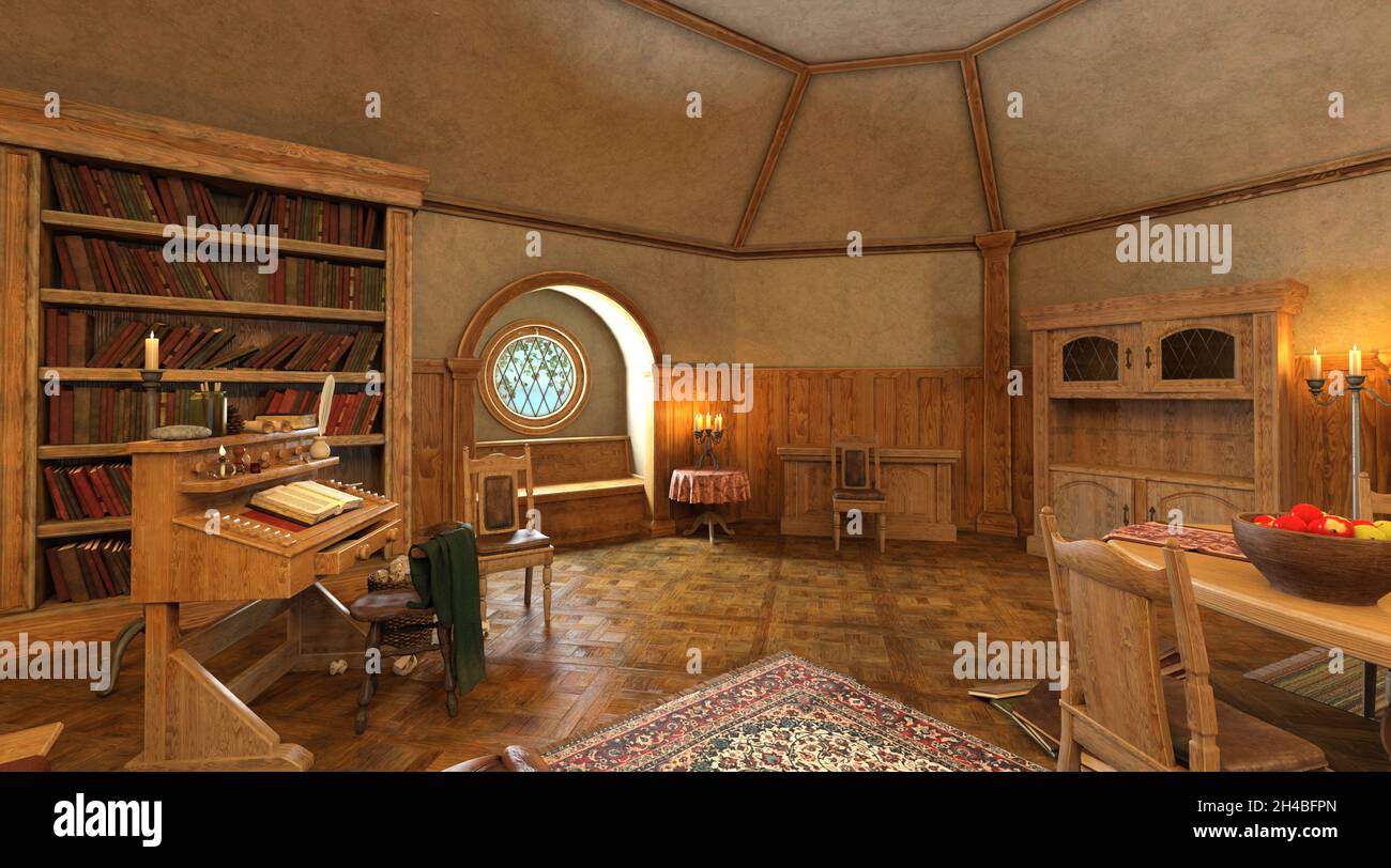 3D illustration old library vintage interior Stock Photo - Alamy